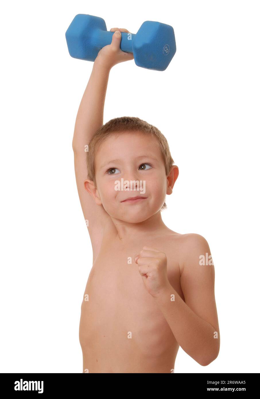 Young boy lifting weights isolated over white Stock Photo - Alamy