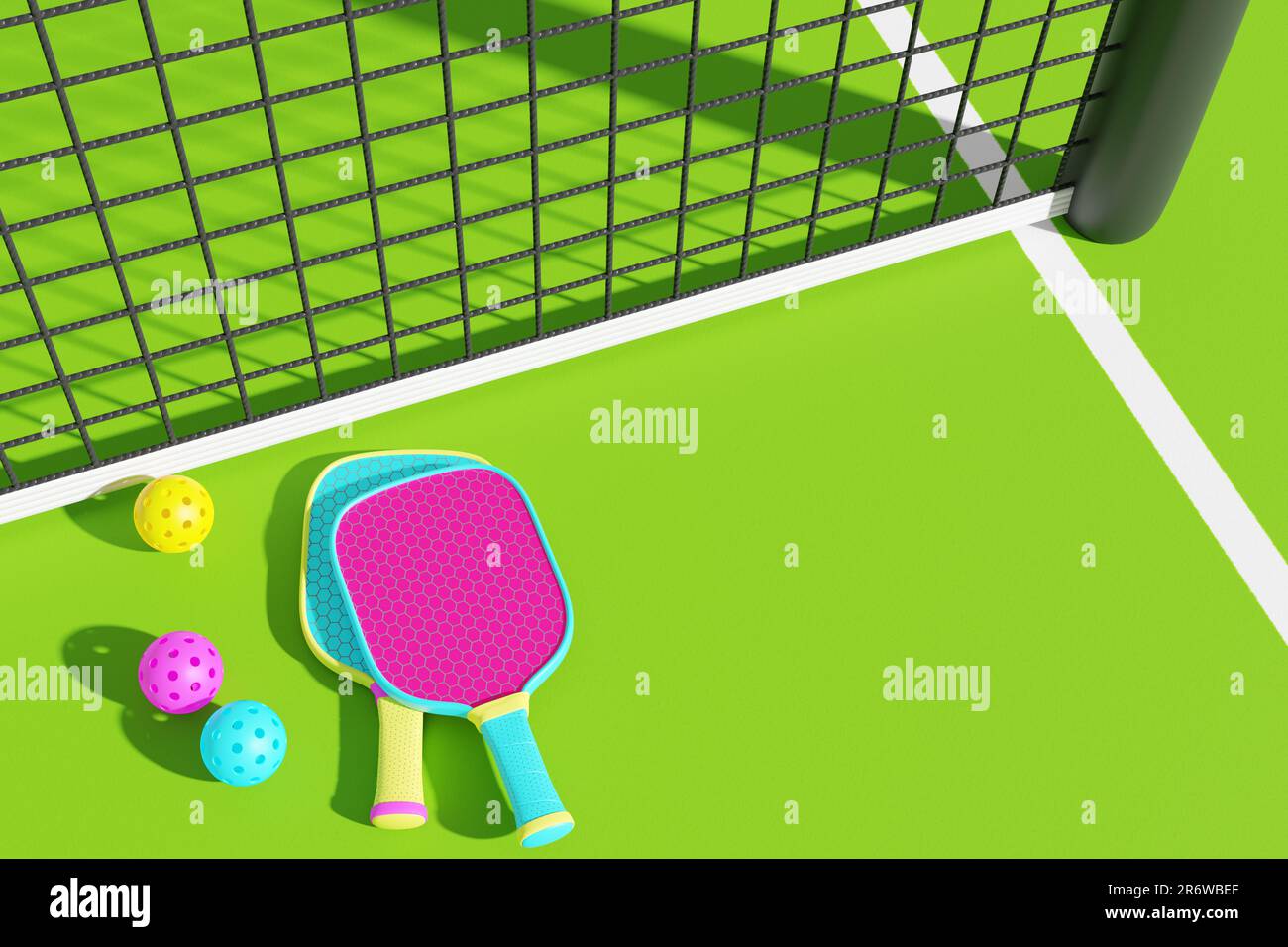 Pickleball. Rackets and balls lie on the court near the sports net. 3D ...