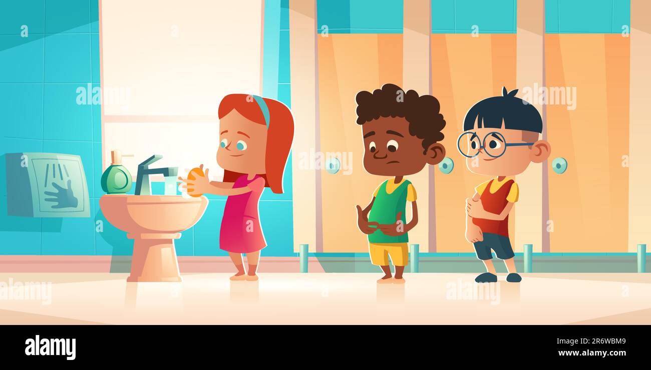 Kids washing hands at school or kindergarten toilet wc room. Children ...
