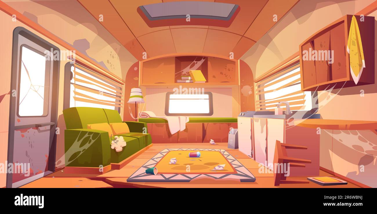 Old dirty interior of camper with broken furniture. Vector cartoon ...
