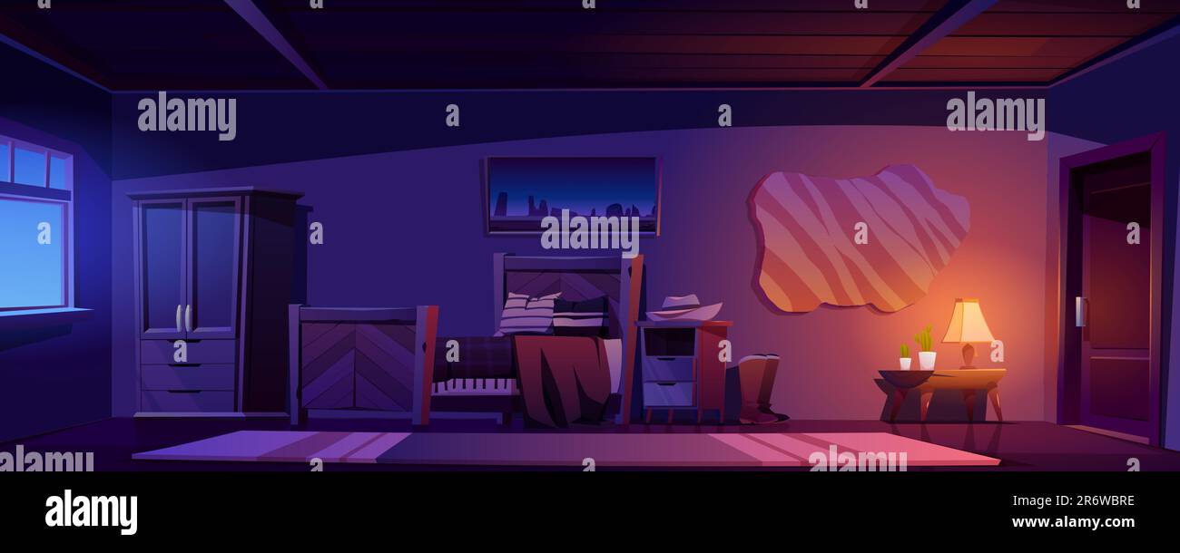 Cowboy bedroom interior at night. Vector cartoon illustration of empty ...