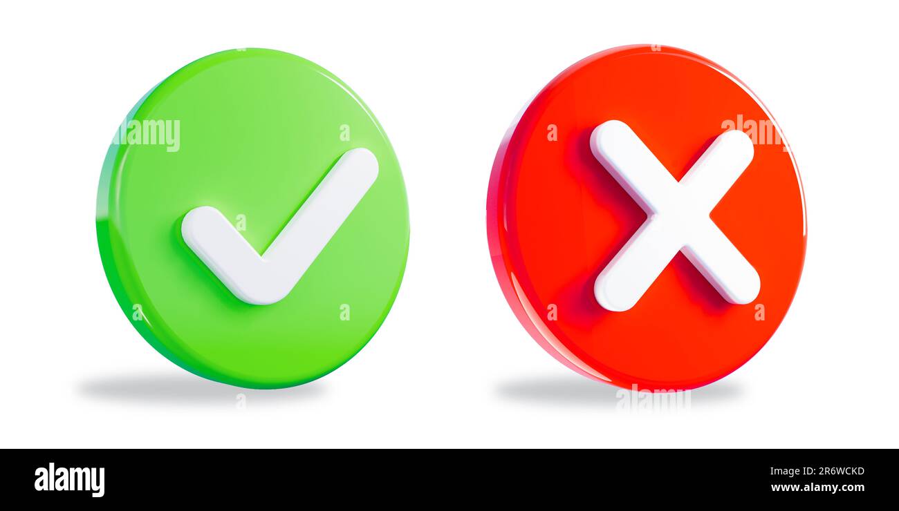 Right and wrong 3D Icons, acceptance and rejection concept. Red and green round icons buttons ...