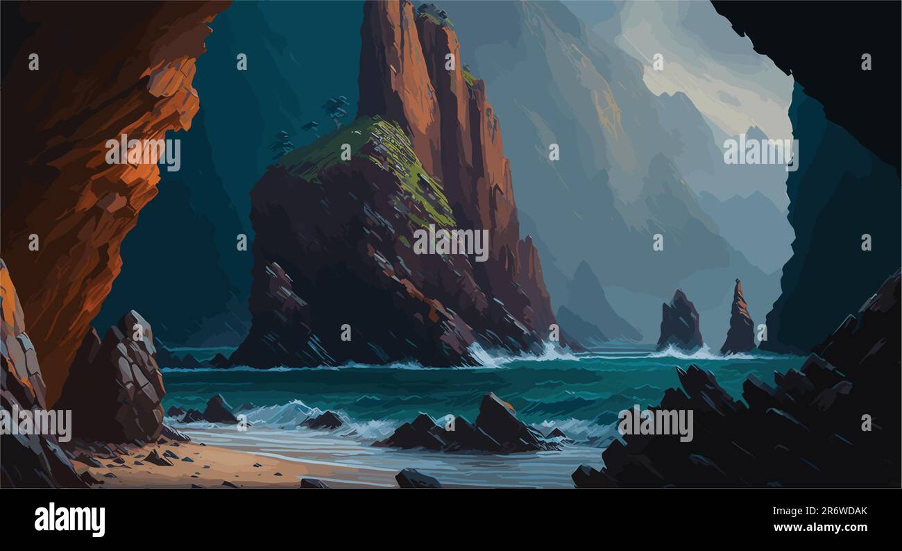 oil painting-style image of a rugged beach cliff at night, with the ...