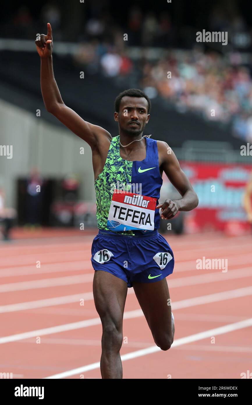 Samuel TEFERA (Ethiopia) celebrating victory in the Emsley Carr Mile Final at the 2019, IAAF ...