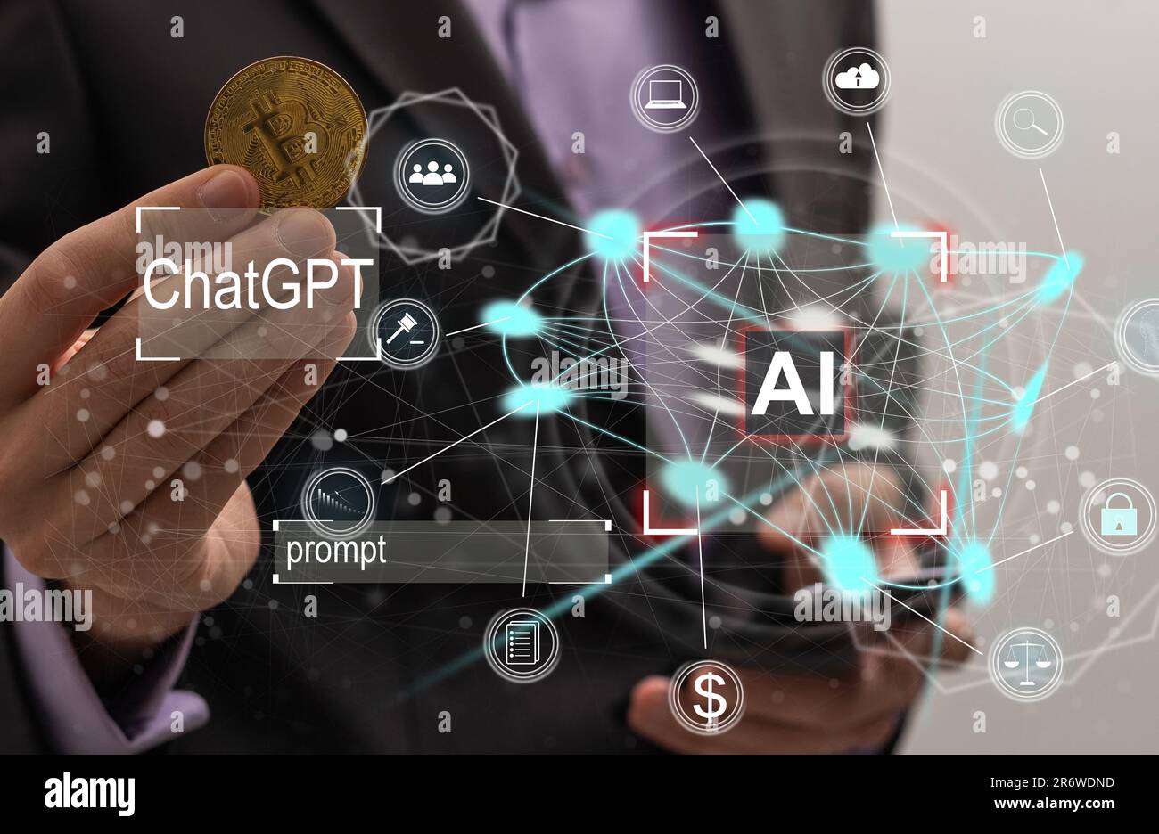 Businessman touching the brain working of Artificial Intelligence (AI) Automation, Predictive ...