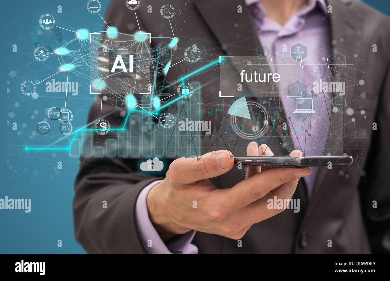 Businessman holding hologram digital chatbot, chat GPT, robot application, conversation ...