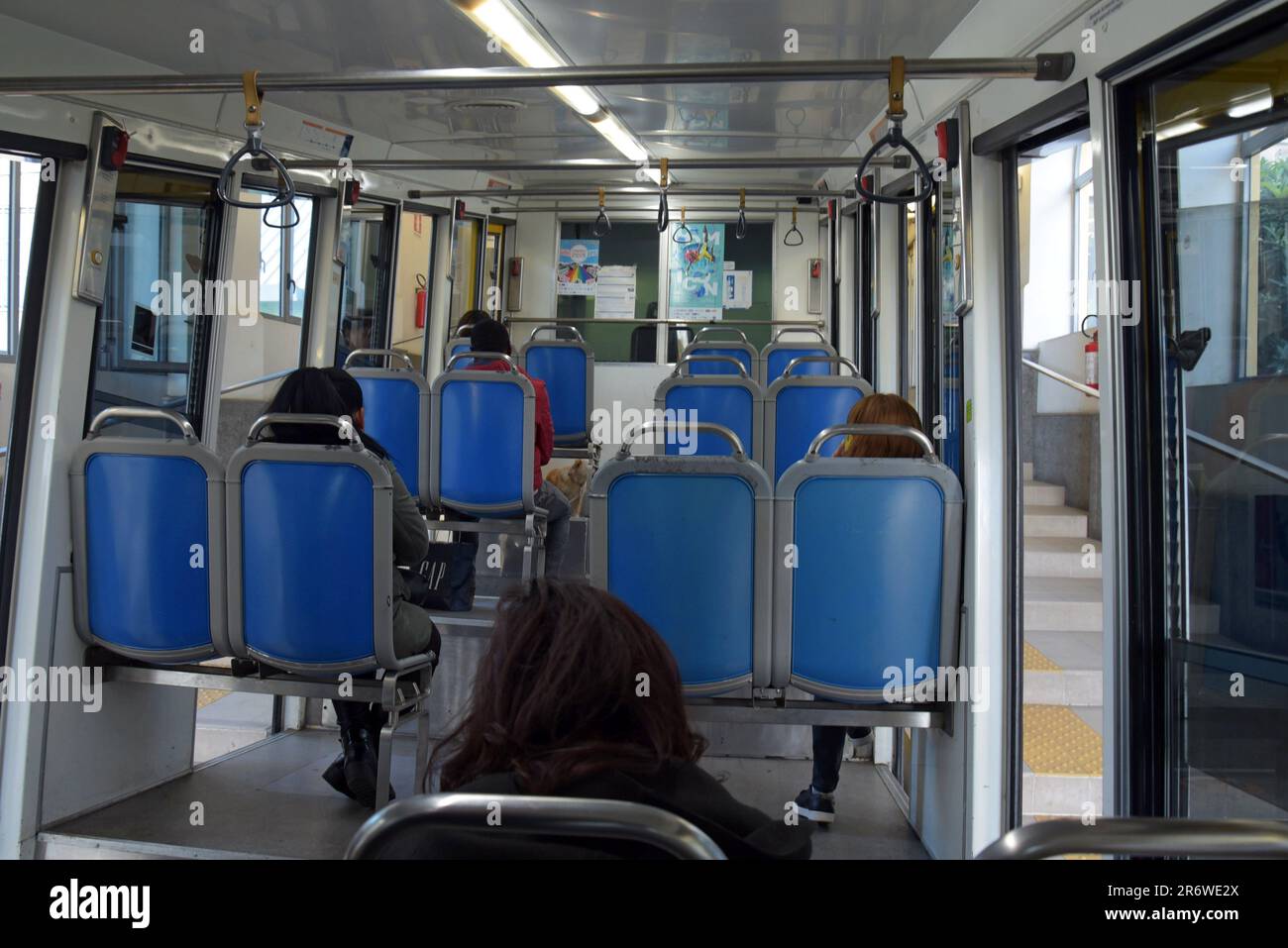 Passengers waiting for the train to depart on the Mergellina funicular ...
