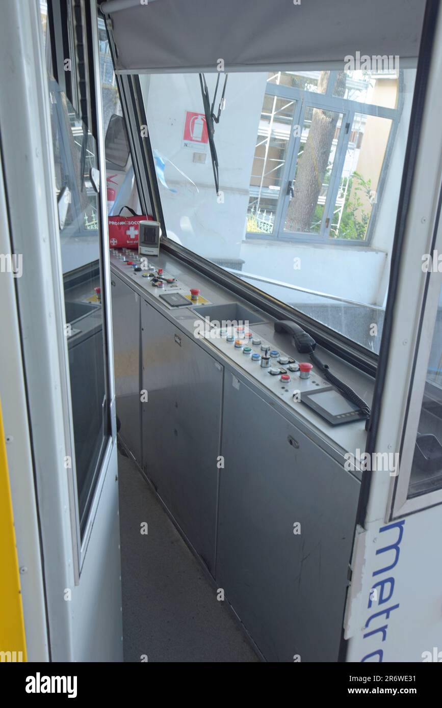 Drivers cab of the Mergellina funicular railway train, Naples, Italy ...