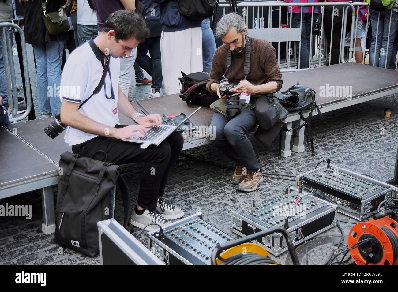 Barcelona - June 11, 2023: A journalist and a photographer are in the ...