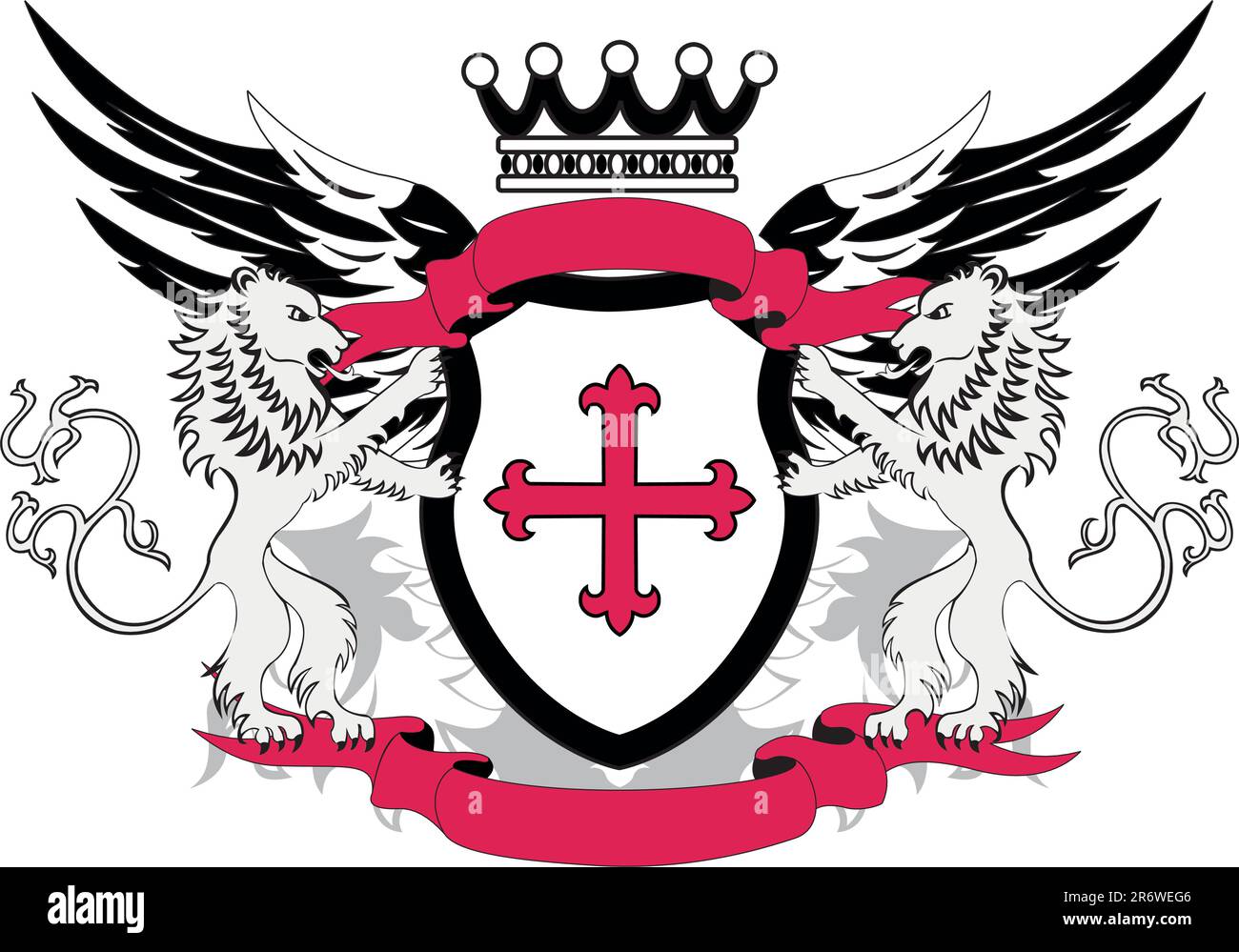 Grunge heraldic shield with cross flory and lions - vector illustration ...