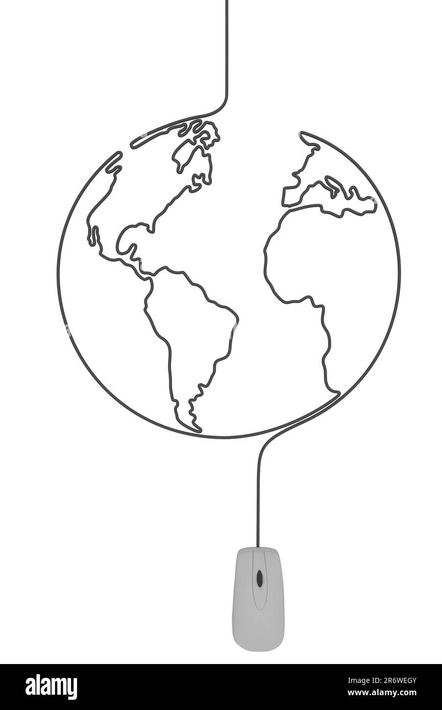 Isolated 3d rendering of a mouse with the cabled shaped as world map ...