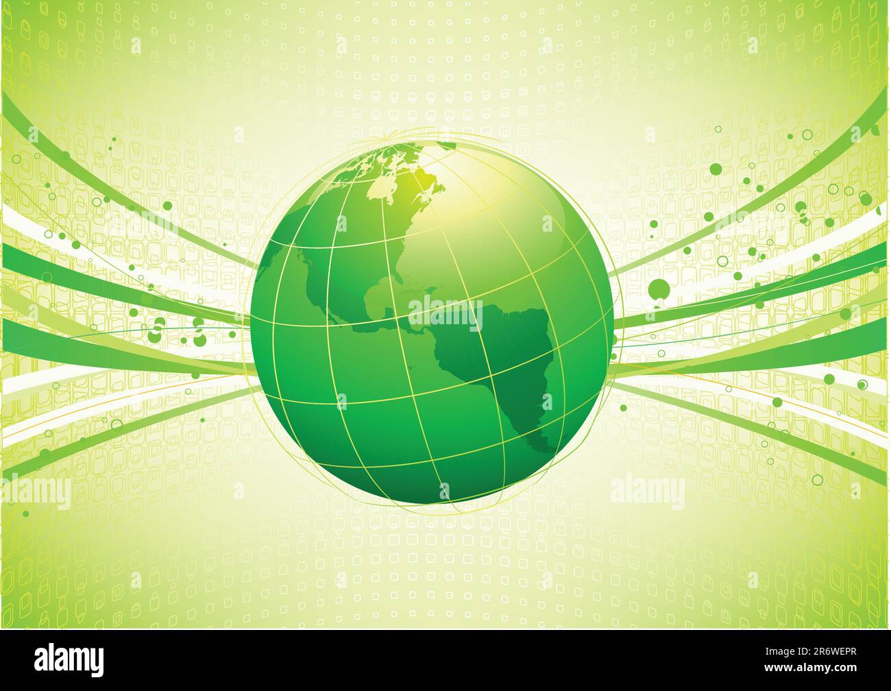 Vector illustration of green abstract lines background - composition of curved lines and globe ...