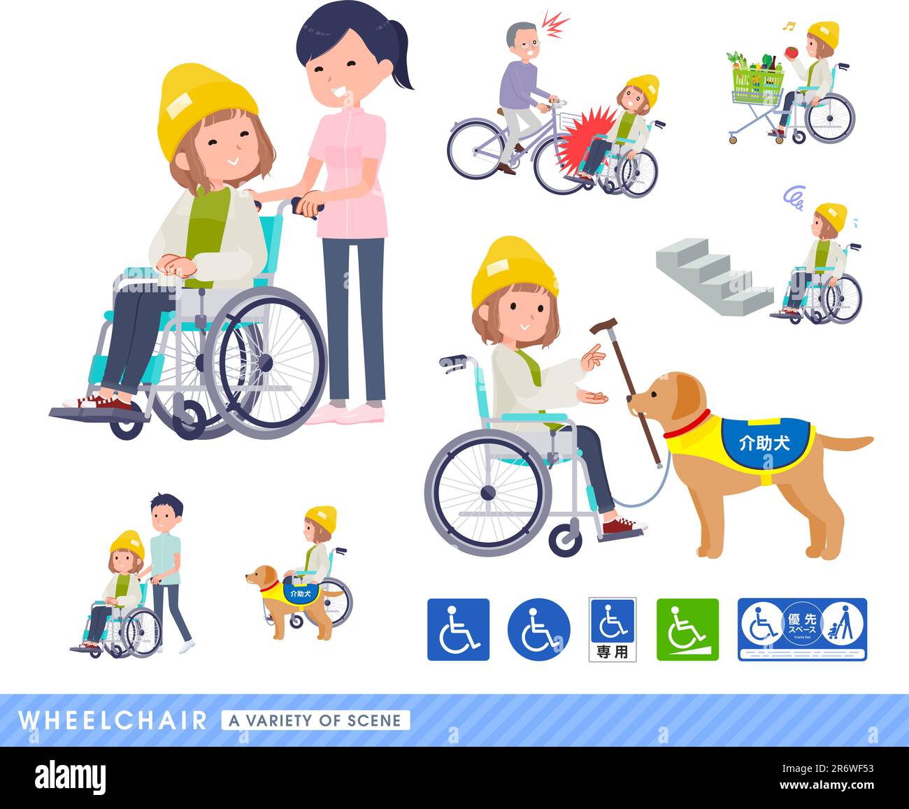 A set of casual fashion women in a wheelchair.It depicts various ...