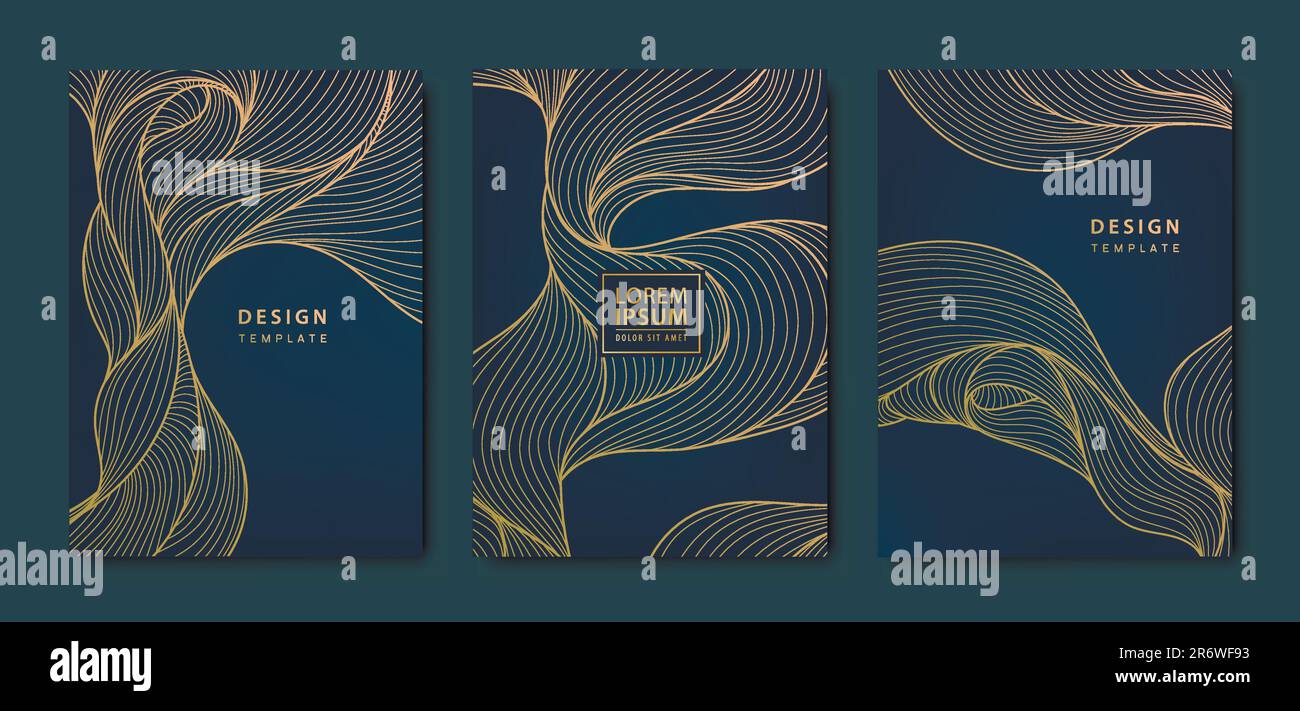 Vector set of abstract wavy liquid cards, hand drawn line waves. Golden ...
