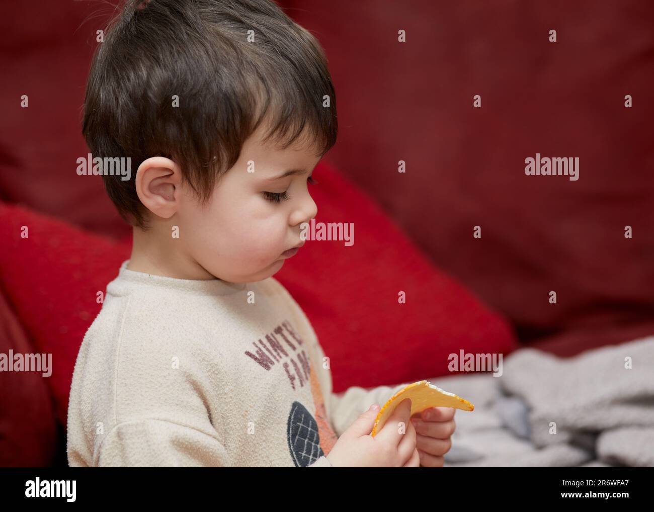 cute young boy eating a slice of cheese in the livingroom Stock Photo ...