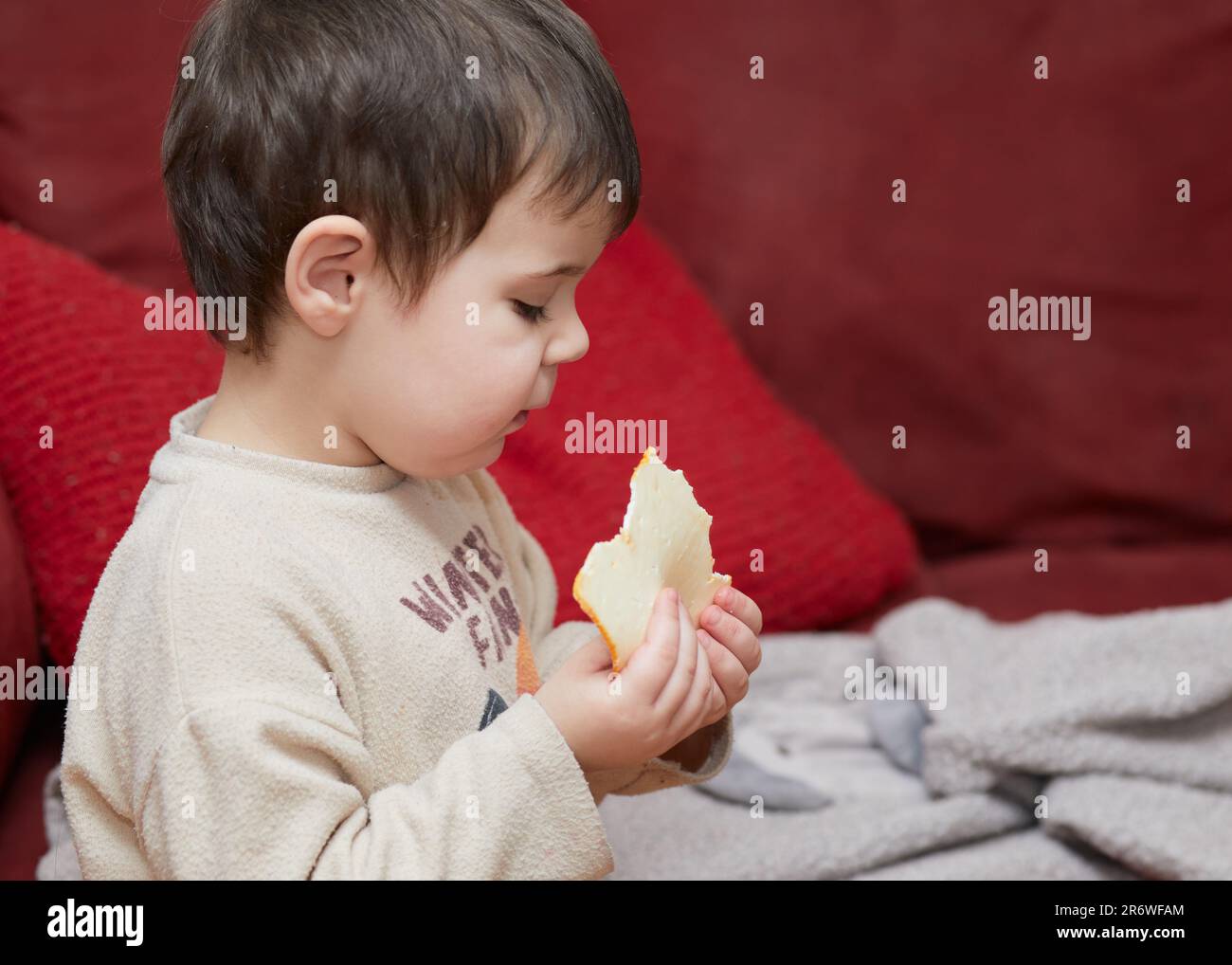 cute young boy eating a slice of cheese in the livingroom Stock Photo ...