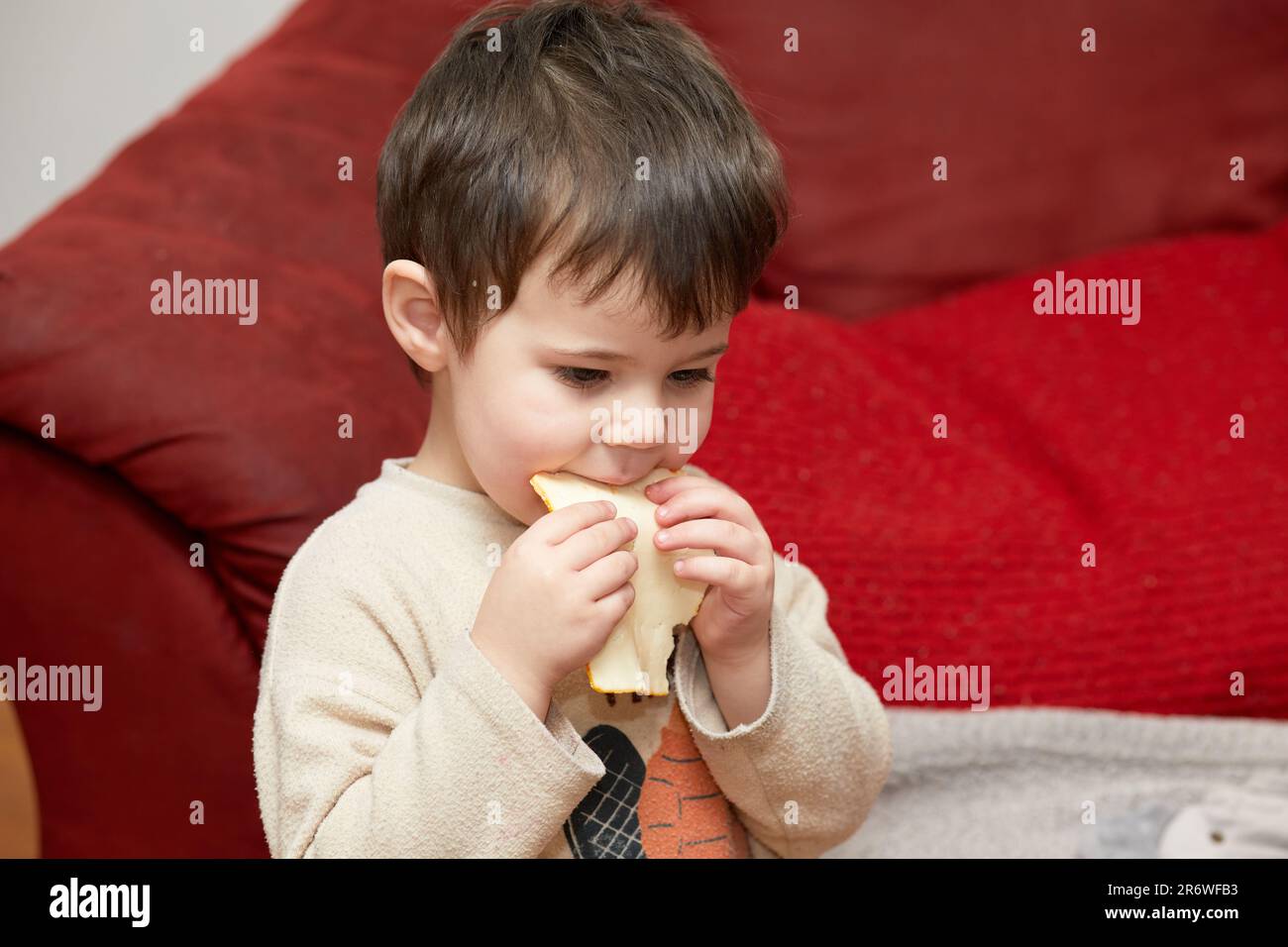 cute young boy eating a slice of cheese in the livingroom Stock Photo ...