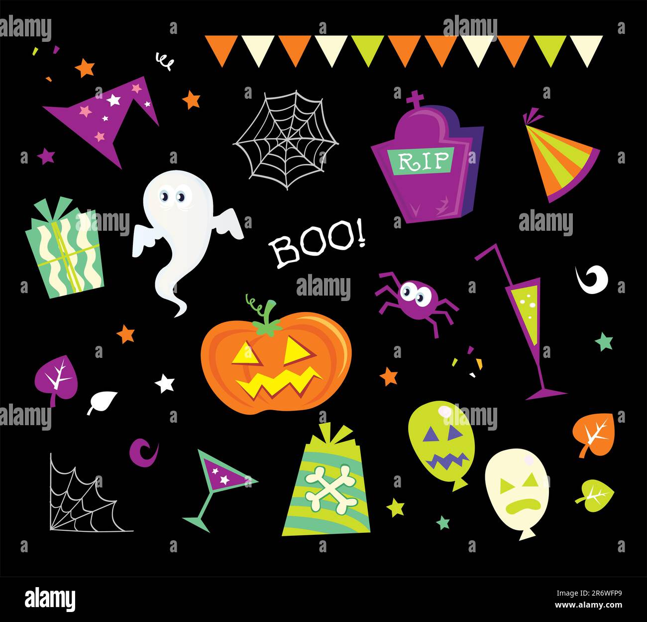 Retro halloween design elements isolated on black background. Vector ...