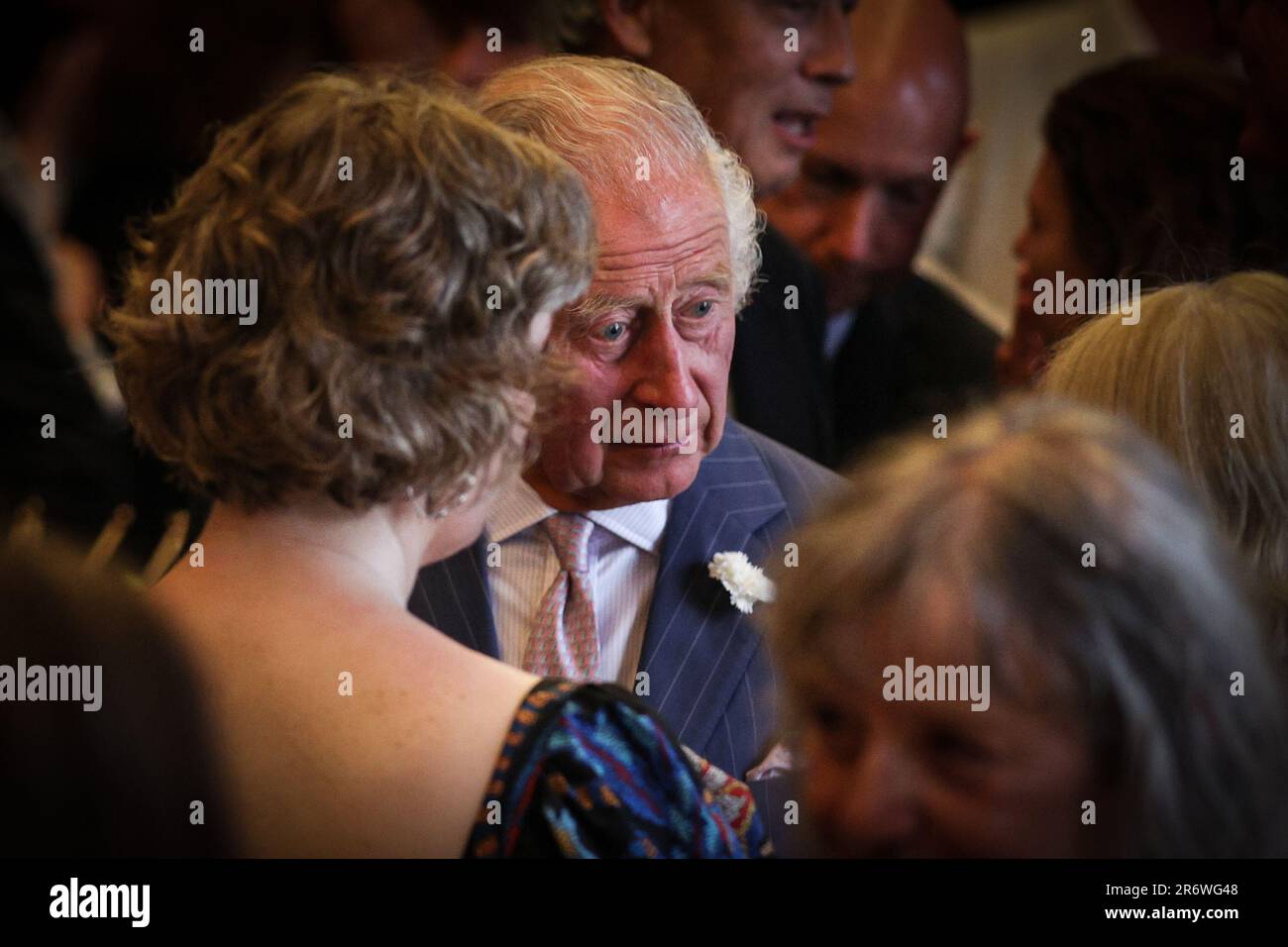 King Charles III speaks with guests during a reception with authors, actors and lovers of ...