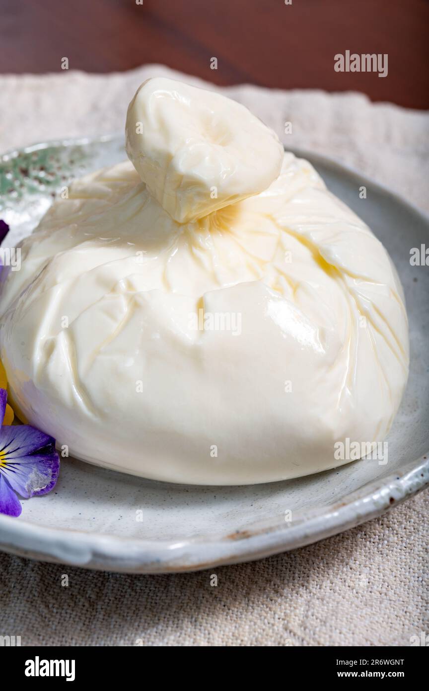 Fresh handmade soft Italian cheese from Puglia, white ball of burrata ...