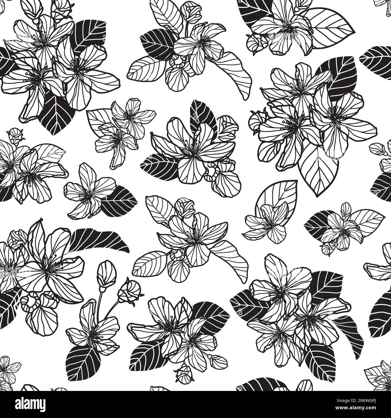 Black white line art apple tree blossom, spring floral vector seamless ...