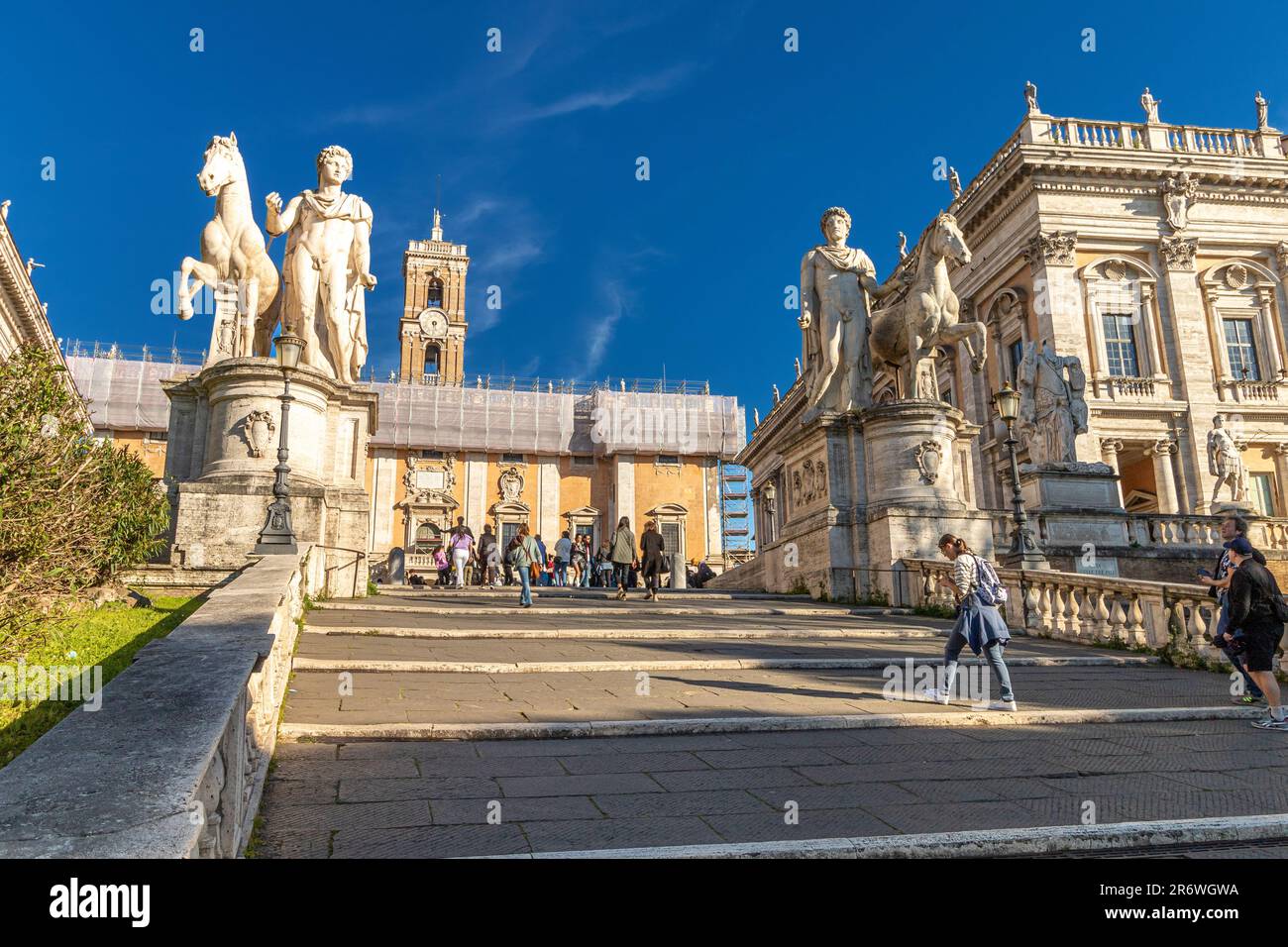 The stepped ramp leading up to Piazza del Campidoglio,with the colossal ...