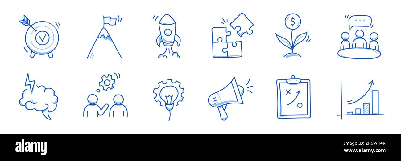 Business idea, startup doodle line icon set. Hand drawn doodle sketch line style business ...
