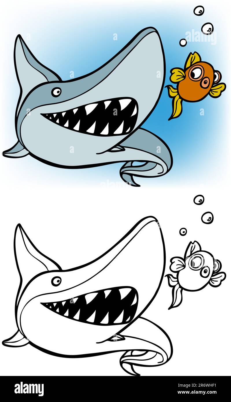 Cartoon image of a shark chasing a goldfish - - both color and black ...