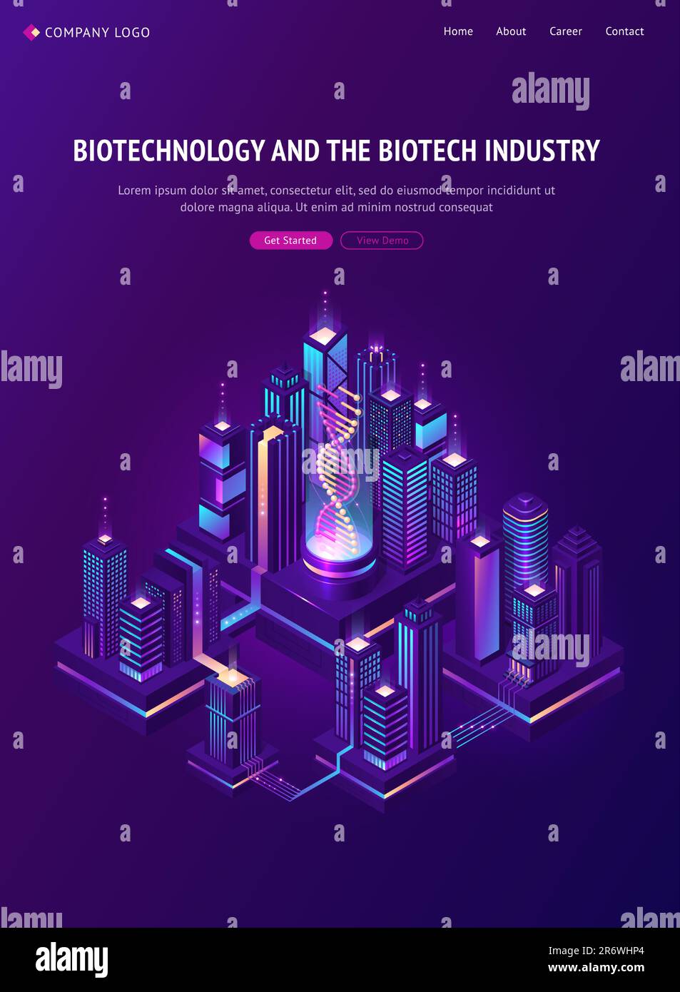 Biotechnology and biotech industry isometric landing page. Smart city with Dna hologram ...