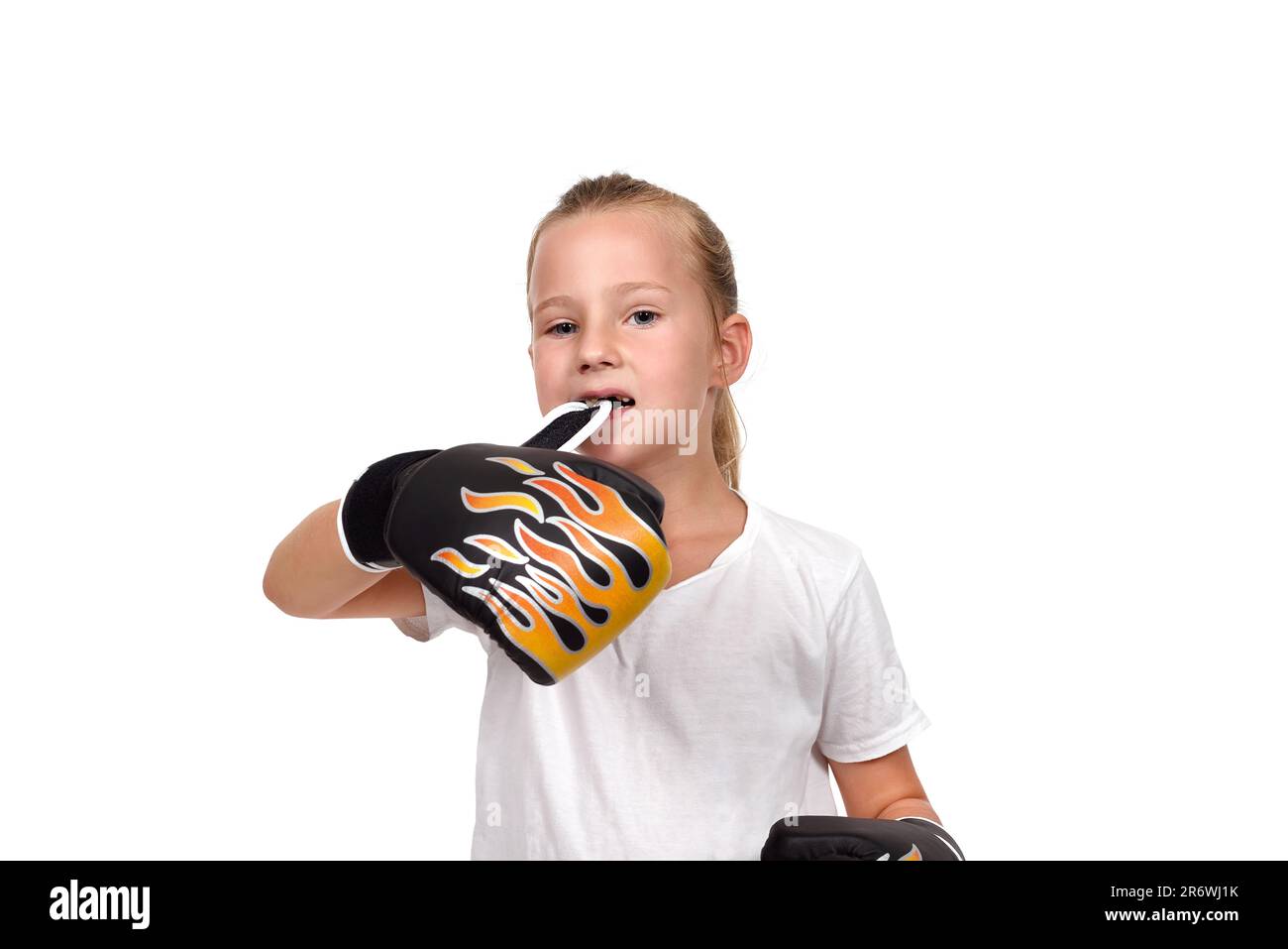 muay thai boxing girl teeth unbuttoned glove Stock Photo - Alamy