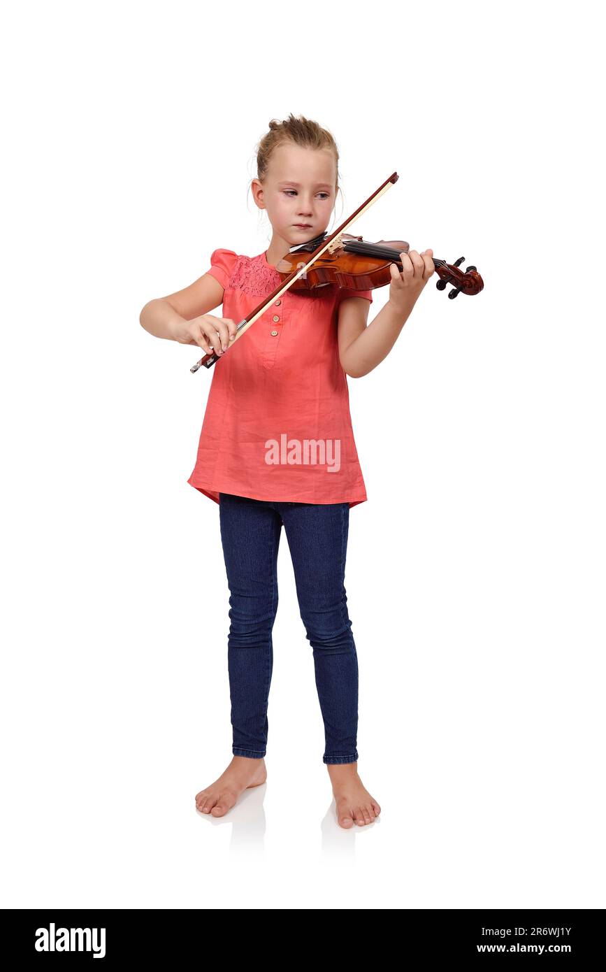 crying girl with a violin on white background Stock Photo - Alamy