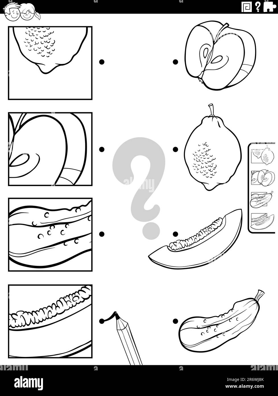 Black and white cartoon illustration of educational matching game with ...