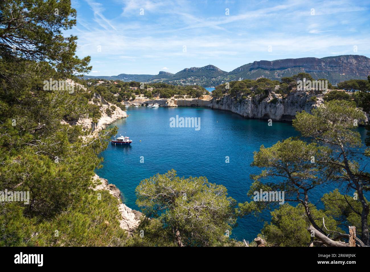 Spectacular view of Calanque de Port-Miou with mooring ship and ...