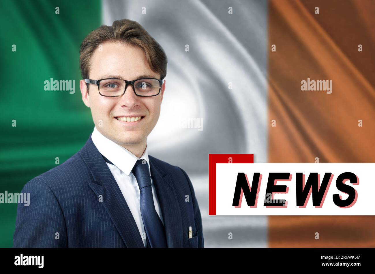 News anchor, tells the latest news, smiling, against the background of ...