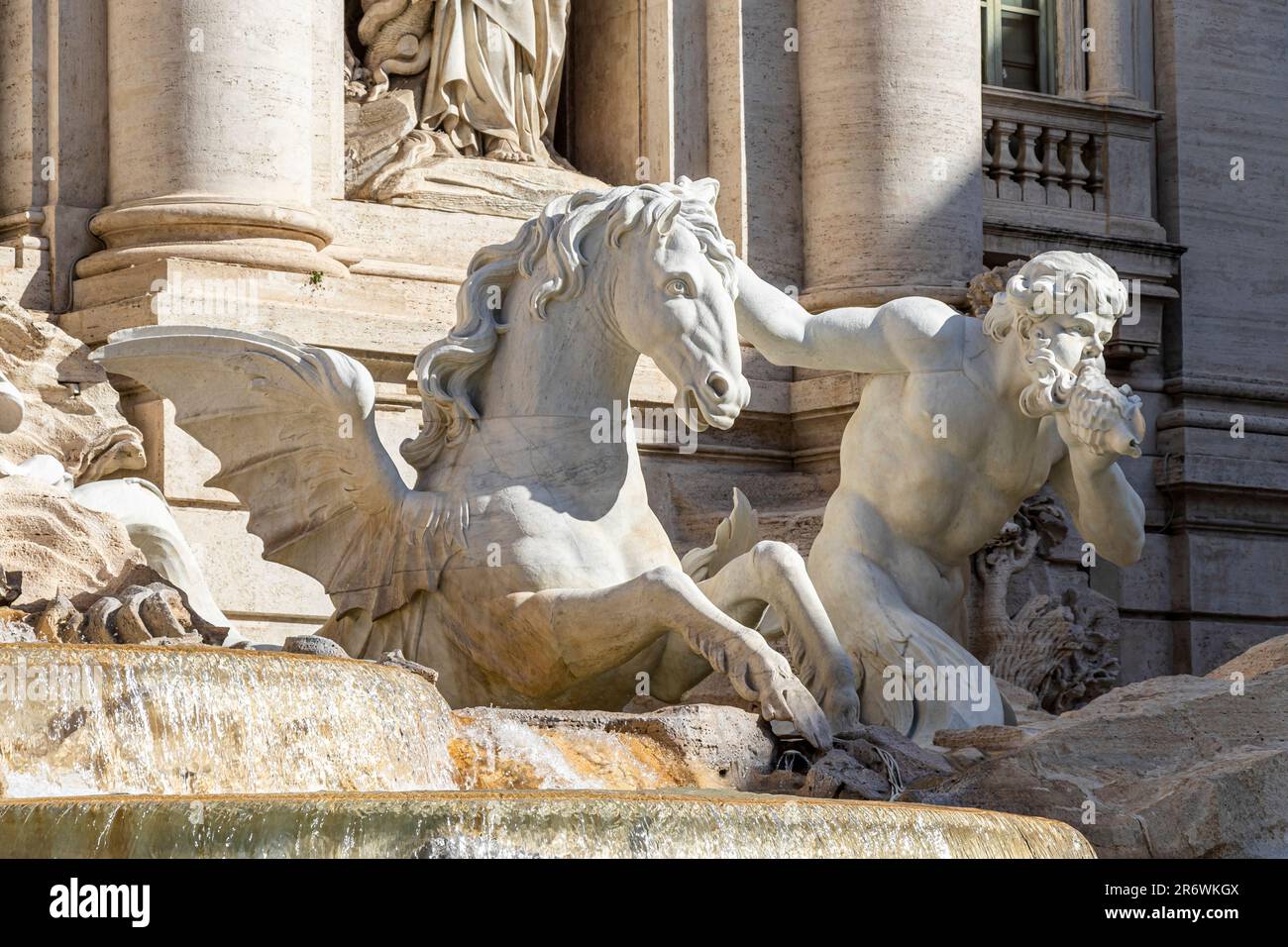 Close up of a white marble Triton and seahorse on the Trevi Fountain in ...