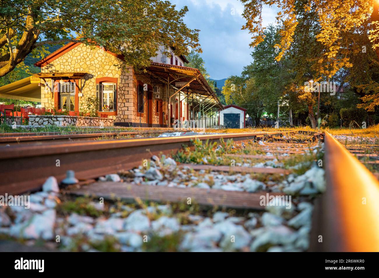 Old train station of Kalavrita in Greece after nightfall Stock Photo ...