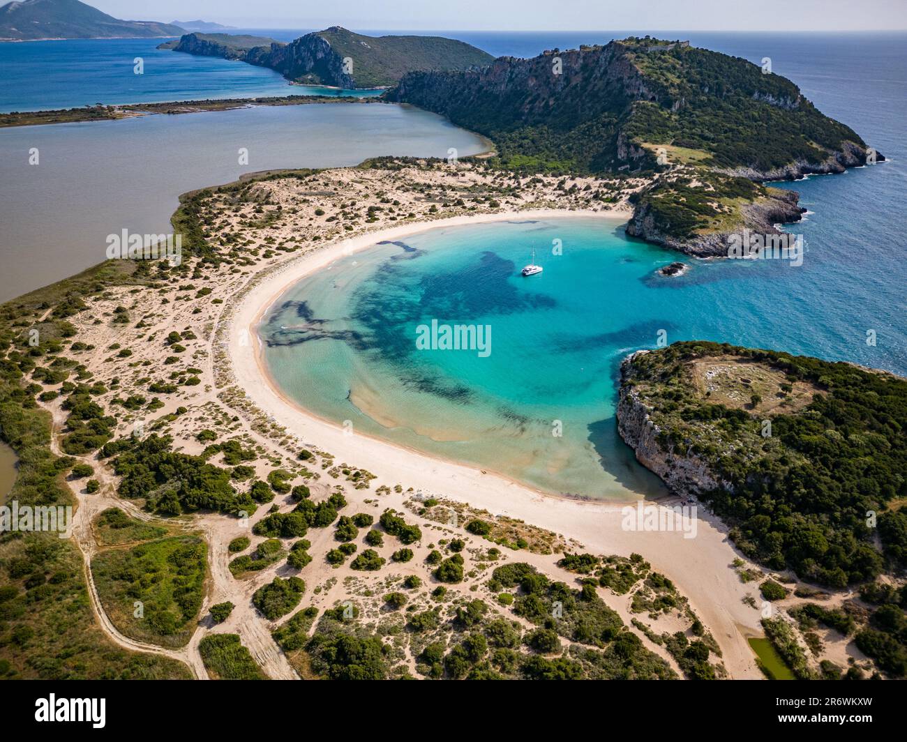 Aerial view of Voidokilia beach on Peloponnese in Messinia / Greece ...