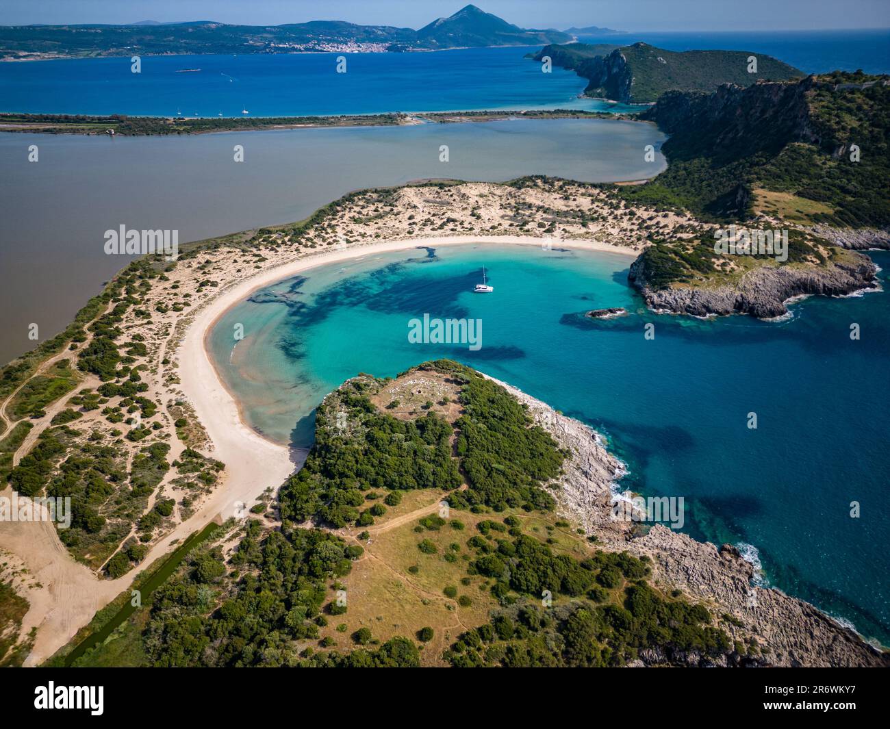 Aerial view of Voidokilia beach on Peloponnese in Messinia / Greece ...