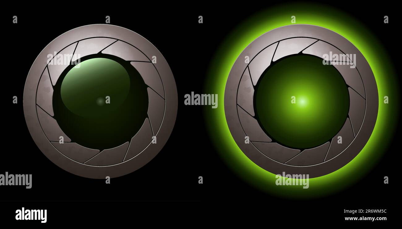 green animation shutter LED light "on" and "off" in a metallic rim ...
