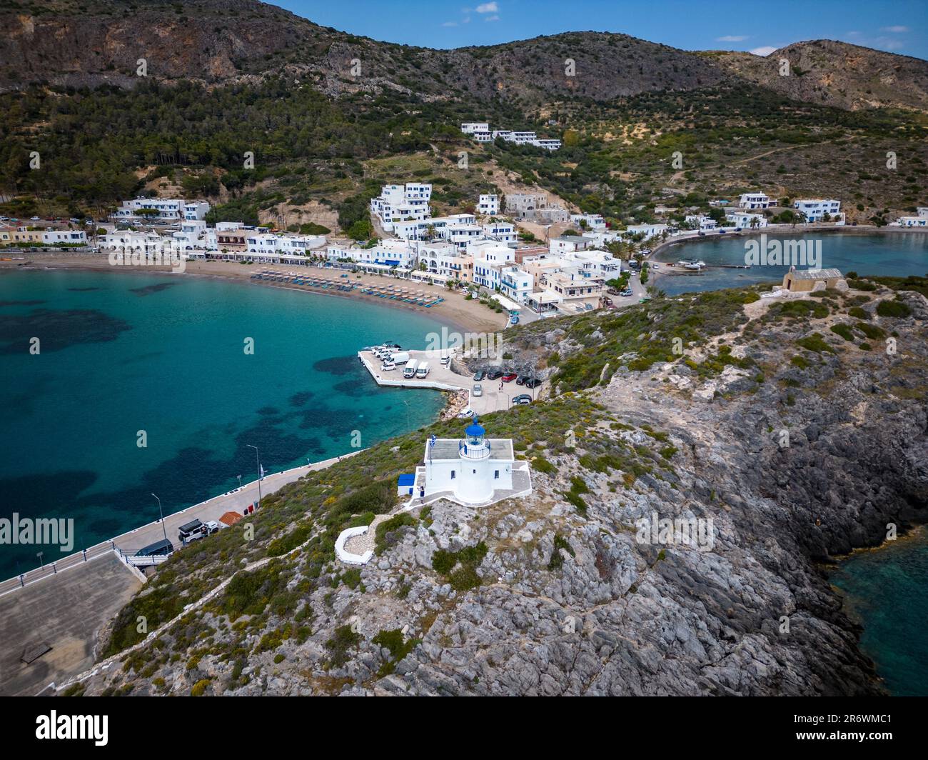 Village and port of Kapsali on the Greek island of Kythira from the air ...