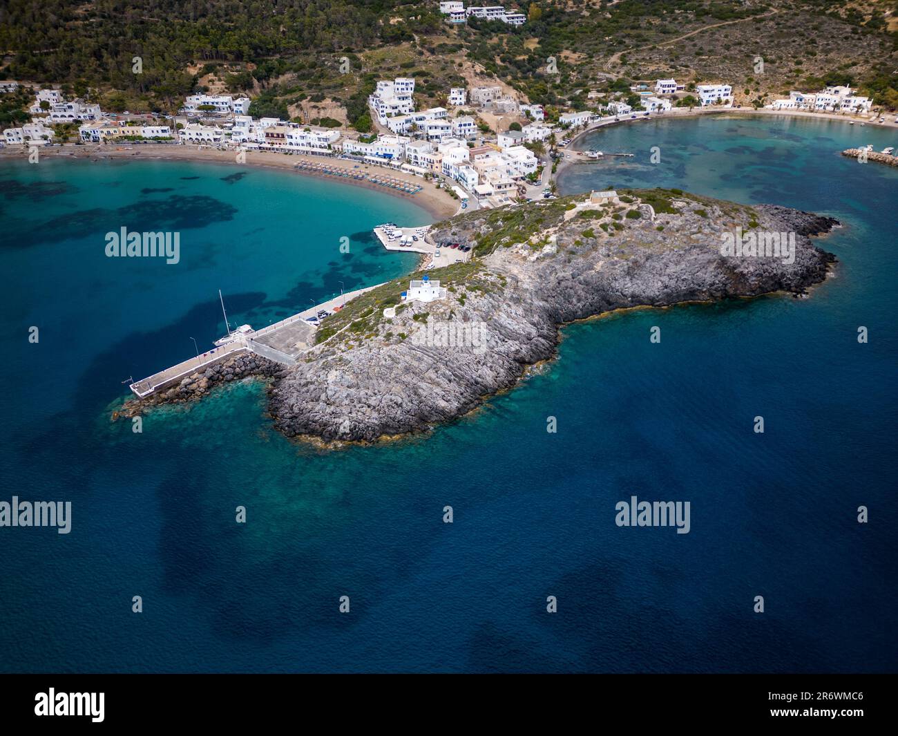 Village and port of Kapsali on the Greek island of Kythira from the air ...