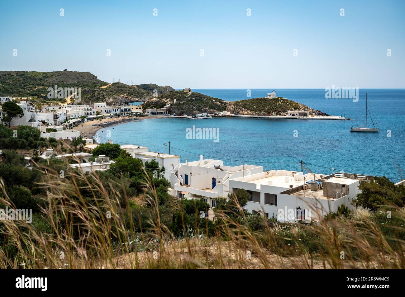 Bay of Kapsali on the Greek island of Kythira with blue water and ...