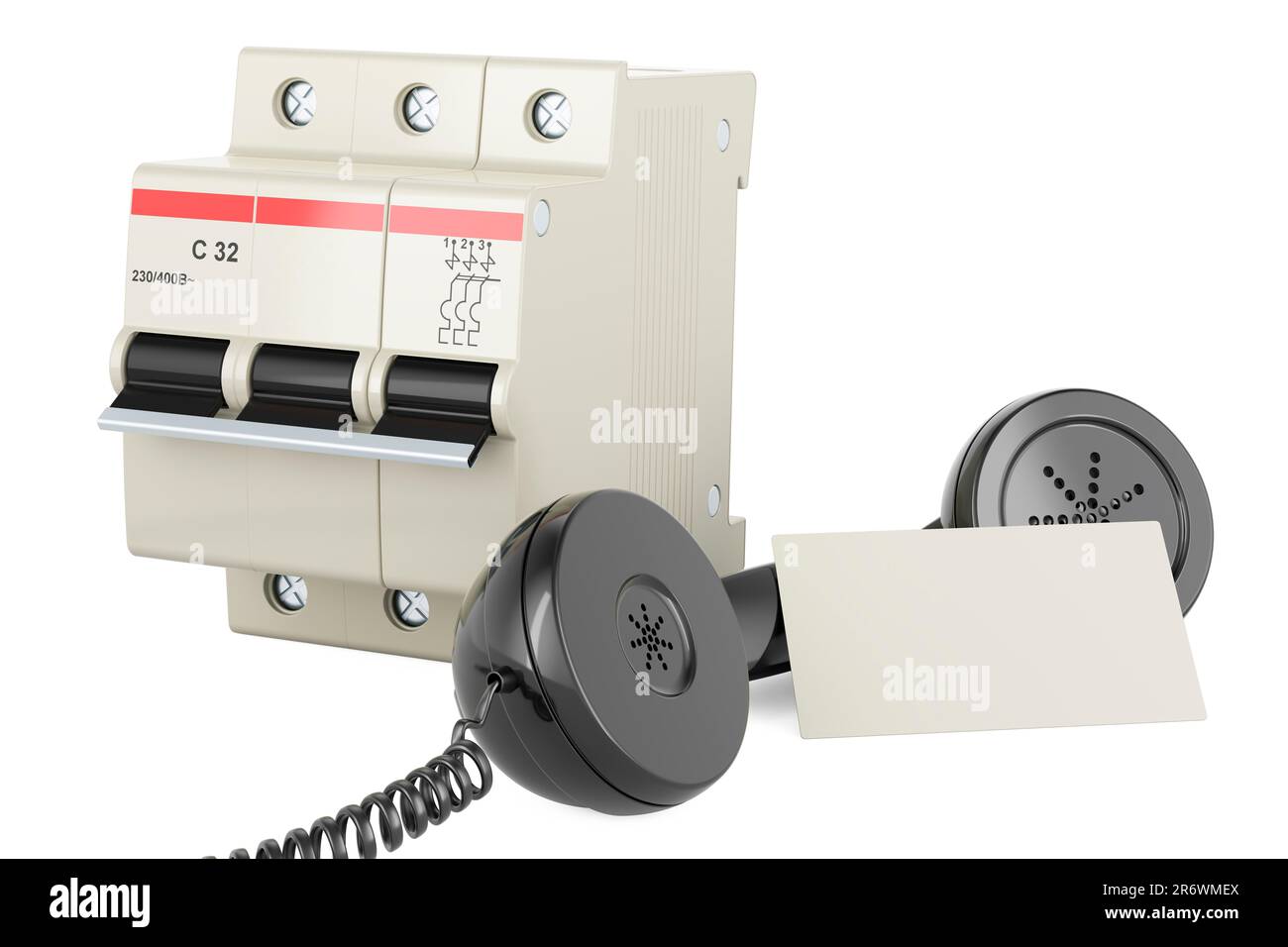 Circuit breaker with blank business card and retro phone receiver. 3D ...
