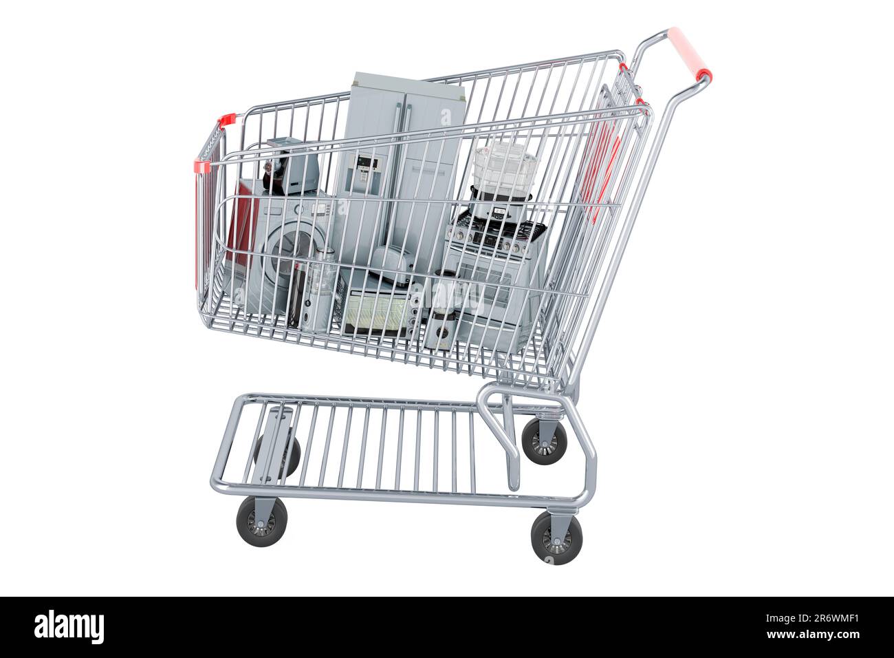 Kitchen and home appliance inside shopping cart, 3D rendering isolated ...