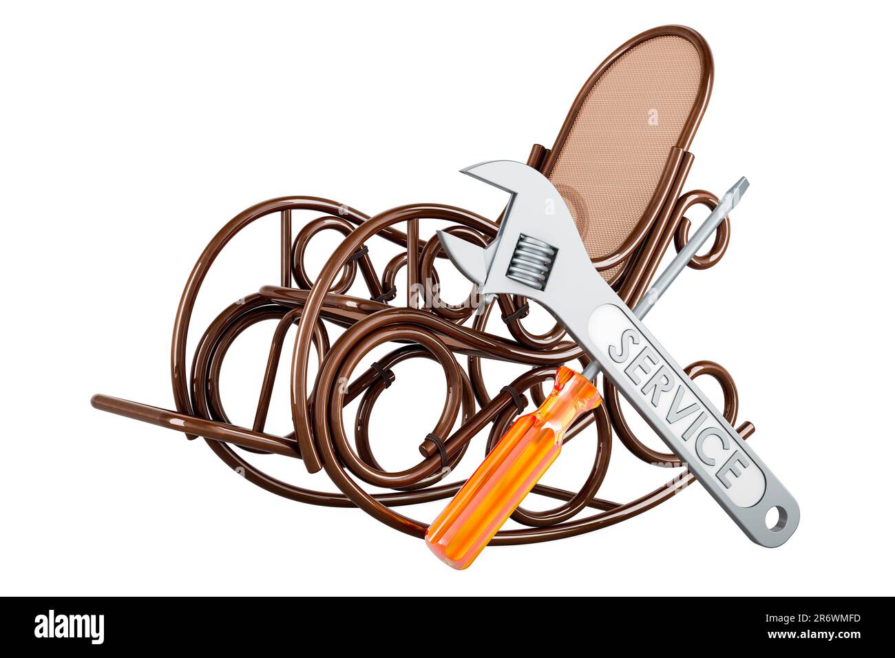 Rocking chair with screwdriver and wrench, 3D rendering isolated on ...