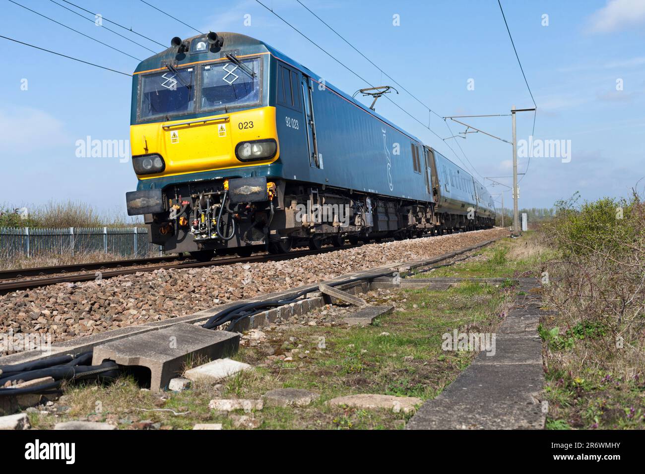 GBRF class 92 electric locomotive 92023 hauling a Caledonian sleeper ...