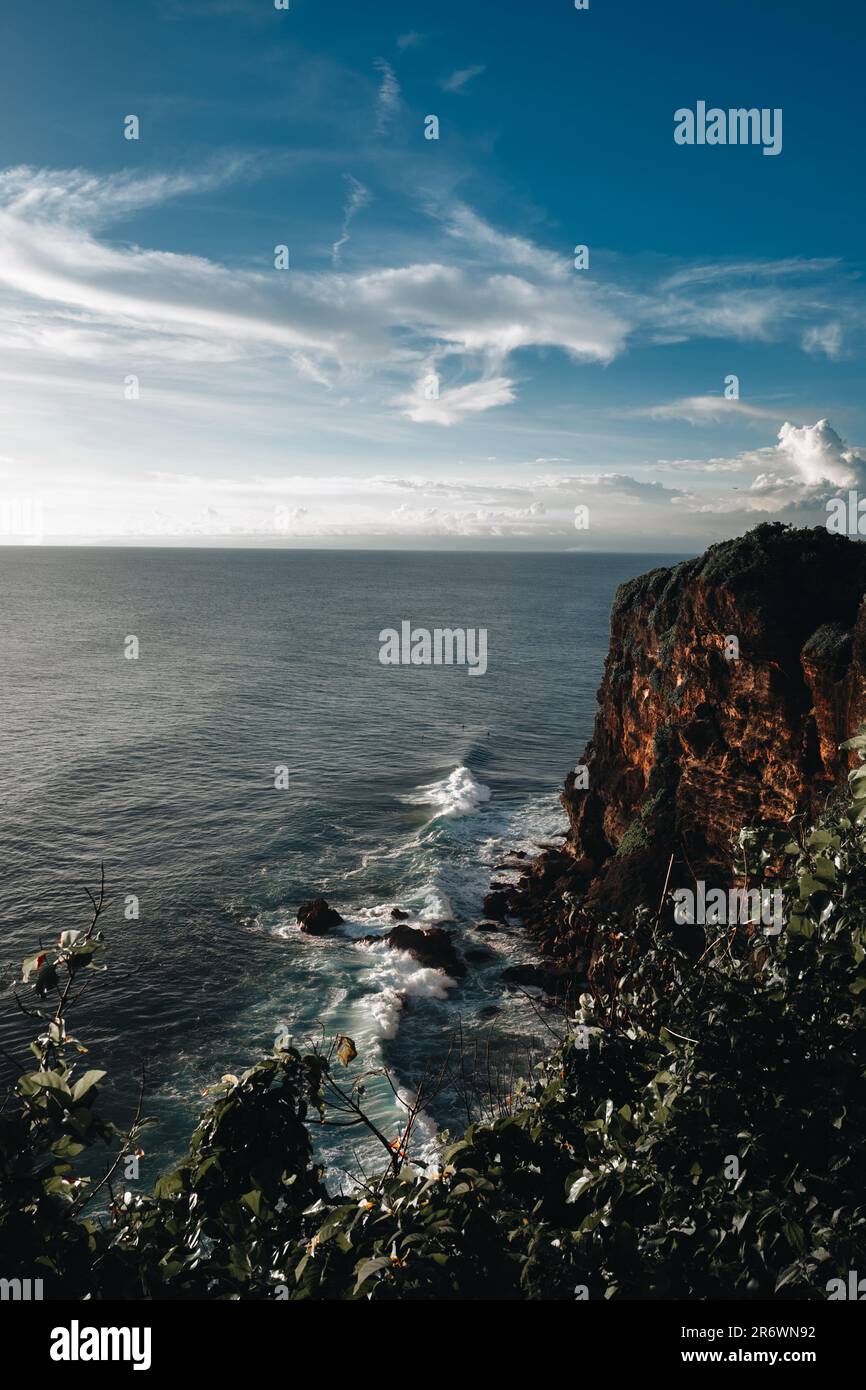 Amazing view of the Bali island with blue sky, clouds, ocean, cliff ...
