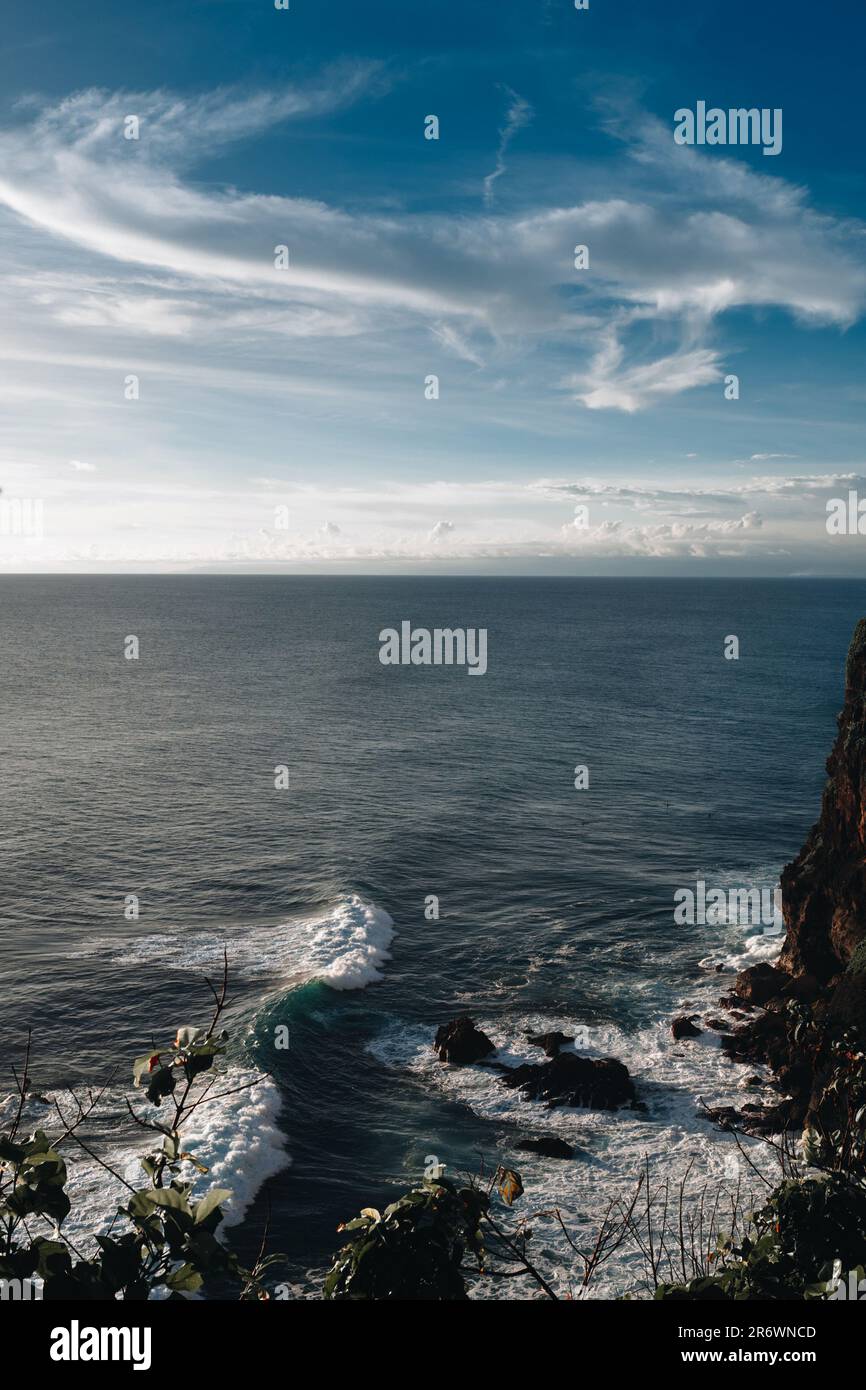Amazing view of the Bali island with blue sky, clouds, ocean, cliff ...