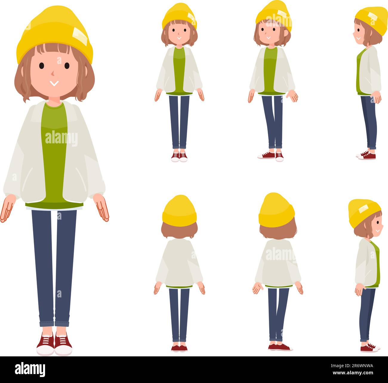 A set of casual fashion women standing.Front, side and back angles.It's ...