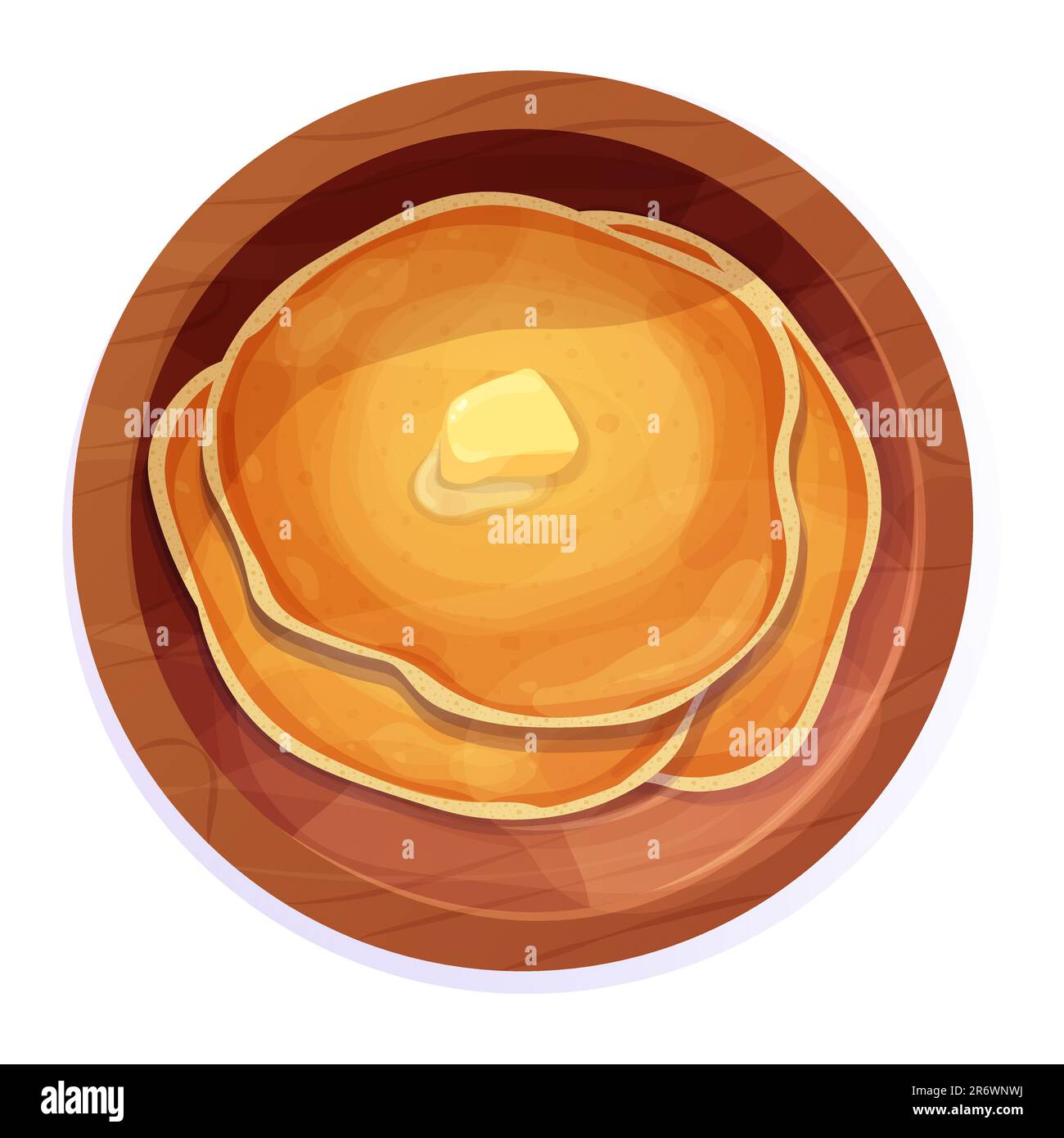 Pancakes stack with butter top view in wooden plate in cartoon style ...